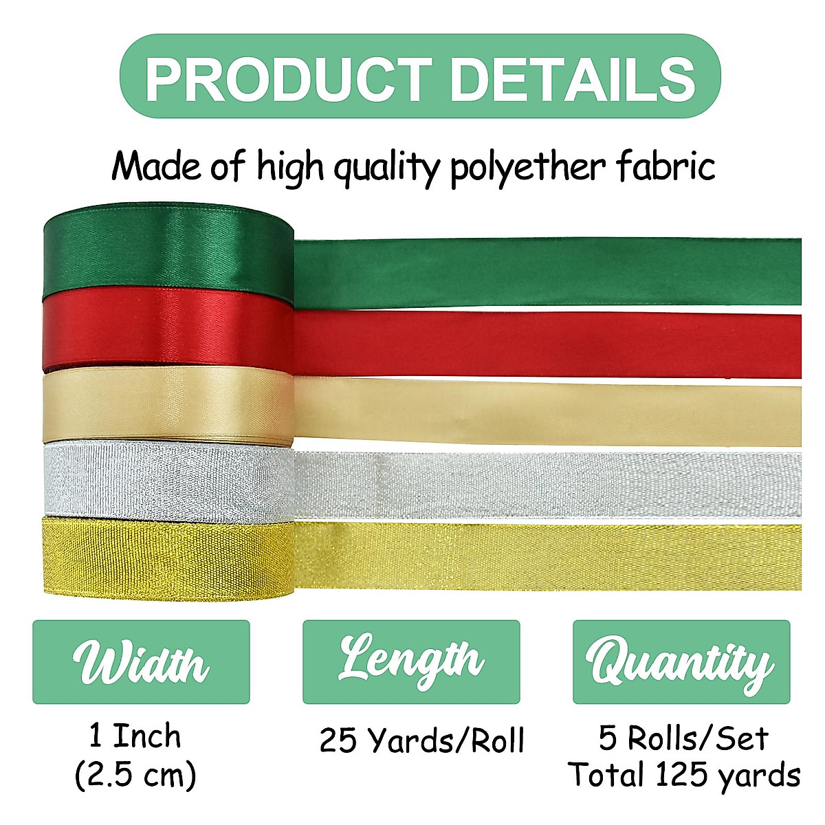 TONIFUL 5 colors Christmas Ribbon, 1 Inch x 125 yds Satin Ribbon Rolls, Red Green Gold Silver-Glitter Gold-Glitter Christmas Colors Set, For Gifts Wrapping Ornaments Hanging Christmas Tree Decorations