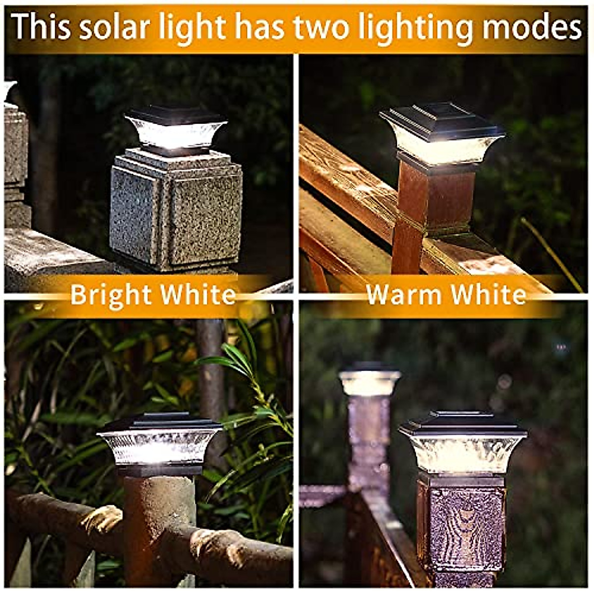 HUYIENO Solar Post Cap Lights Outdoor LED Lighting Deck Fence Cap Light Two Light Modes Warm White/Bright White Suitable for 4x4 Wooden Posts Black 4PK