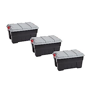 Rubbermaid Pack & Go 14 Gal Storage Tote, Durable Design and Easy to Transport, Built-In Handles, Tie Down Channels and Lockable Snap Tight Lid, Black Base with Gray Lid and Red Handles, Pack of 3