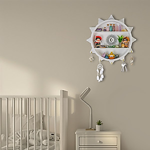 FNYDOX Large 15.1” Crystal Shelf Display for Wall with Hooks, Wooden Moon Shelf for Wall, Rock Gem Stone Display Shelf Wall Mounted - White