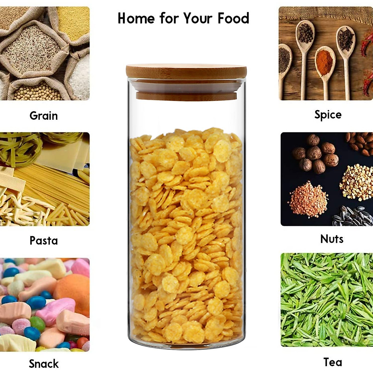 Encheng Glass Jars with Lids,Airtight Glass Food Storage Jars with Bamboo Lids,7 Pack Borosilicate Glass Pantry Storage Container for Kitchen,Pantry,Flour,Coffee,Cereal,Beans,Pasta,Powder