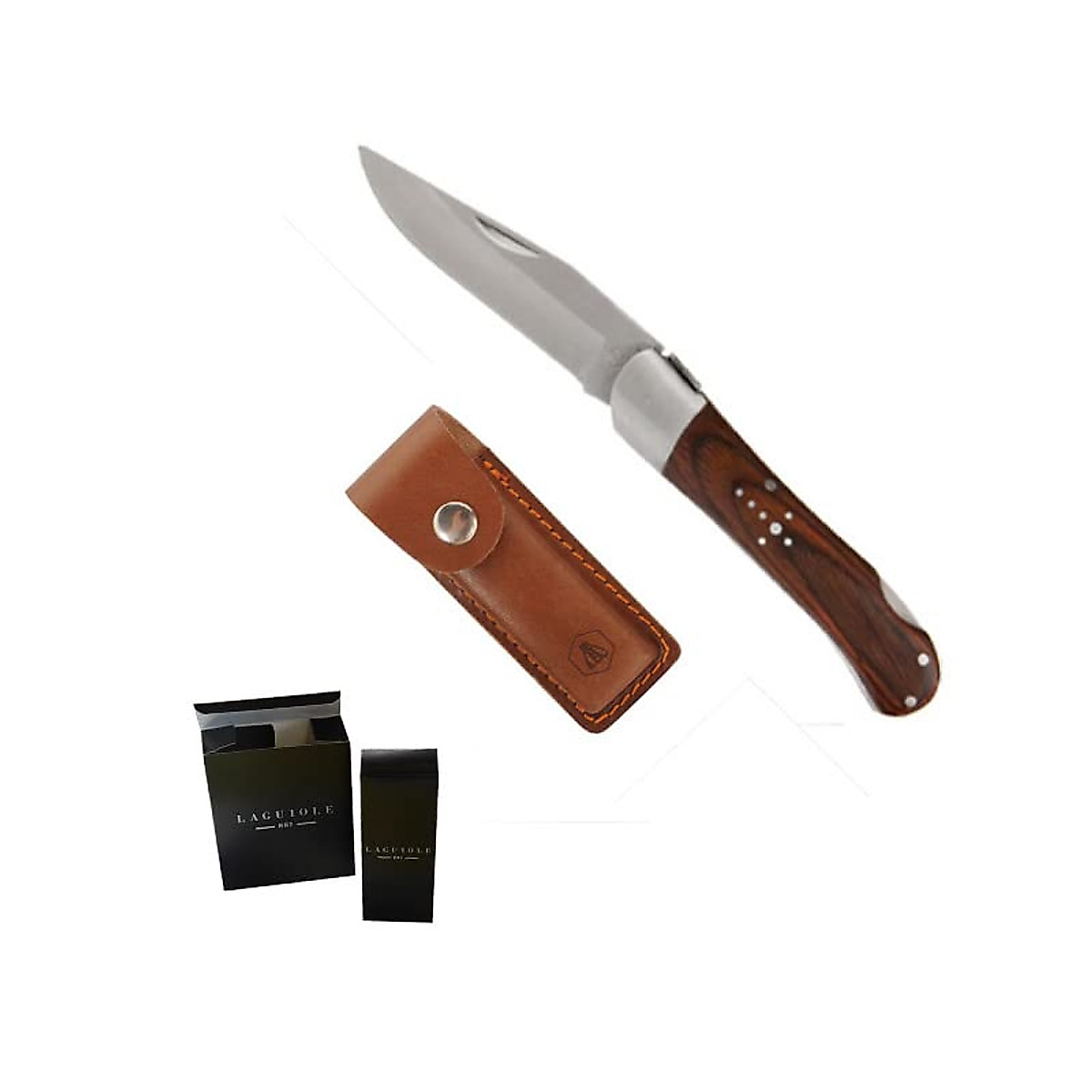 LAGUIOLE hunting knife, wood handle, with brown leather case, 19cm