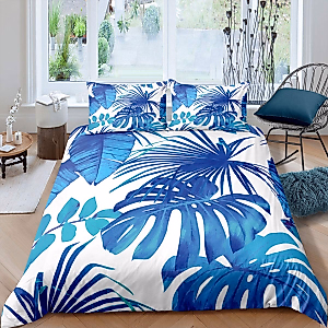 Erosebridal Palm Leaf Bedding Set Banana Leaf Duvet Cover Monstera Tropical Leaf Quilt Cover Hawaiian Blue Comforter Cover for Adult, Room Decoration 1 Duvet Cover with 2 Pillow Cases King Size