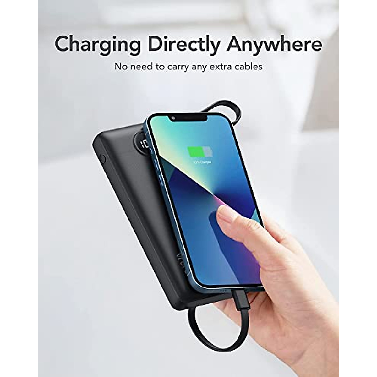 VRURC Portable Charger with Built in Cables, 10000mAh Ultra Slim USB C Power Bank,5 Output 2 Input LED Display External Battery Pack Phone Charger Compatible with Smart Devices and Cell Phones-Black