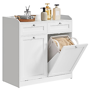 VASAGLE Bathroom Laundry Cabinet with Basket, with 2 Drawers and 2 Hidden Laundry Hampers, Freestanding, Tilt-Out Laundry Baskets with Handles, 15.8 x 31.1 x 31.5 Inches, Cloud White UBBC751W01