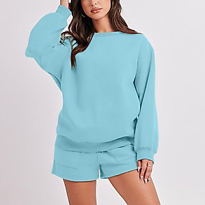 coupons and promo codes for prime Women Loungewear Workout Athletic Tracksuits Long Sleeve Tops Sweatshirt Shorts Casual Suit Sets womens sleep set Light Blue 2X