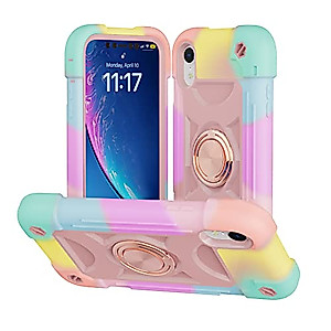 Cookiver for iPhone XR Case 6.1 Inch with Ring Stand, with 2 Pack Glass Screen Protector,Heavy-Duty Shockproof Rugged Military Grade Cover with Magnetic Car Mount for iPhone XR (Rainbow Pink)