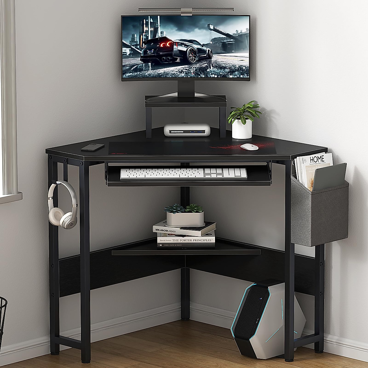 sogesfurniture Corner Desk Small Desk Corner Table for Small Space, Corner Computer Desk Writing Smooth Keyboard Tray & Shelves,Compact Home Office Triangle Table