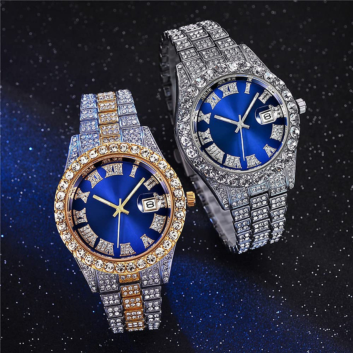 HUNRUY Hip Hop Watches for Men Iced-Out Bling Diamond Luxury Quartz Watches with Date (42mm Silver Blue)