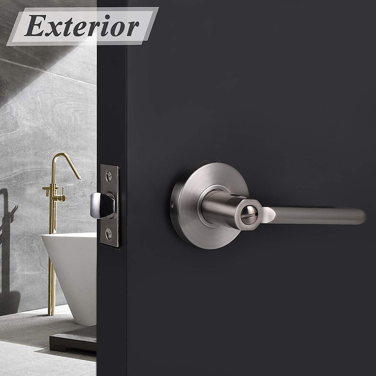 Probrico Satin Nickel Privacy Door Levers, Flat Interior Bath/Bed Door Handles, Reversible for Right & Left Handed Bedroom/Bathroom Doors, 5 Pack