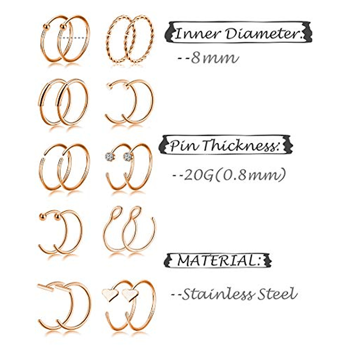 Tornito 20G 38Pcs Stainless Steel Nose Screw Studs Rings CZ Hoop Tragus Cartilage Nose Ring Labret Nose Piercing Jewelry for Men Women (A02:38Pcs, Rose Gold Tone)