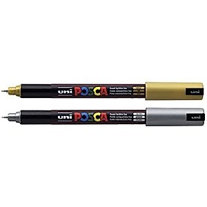 Uni-Ball Uniball POSCA PC-1MR Ultra Fine Marker Pens GOLD & SILVER PACK of 2