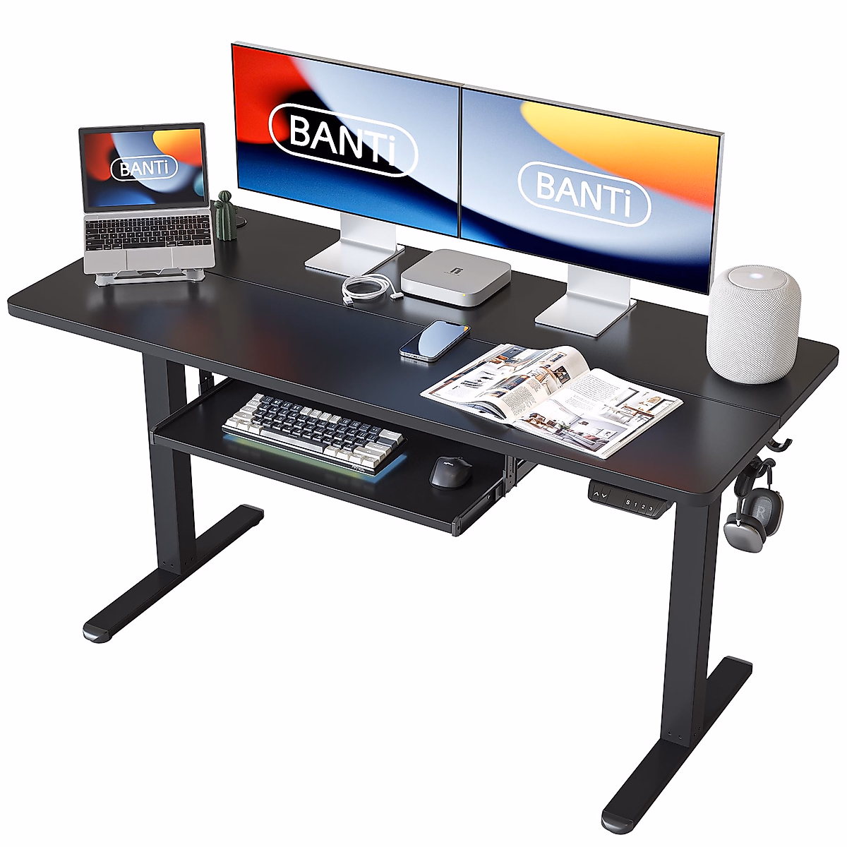BANTI 55" x 24" Height Adjustable Electric Standing Desk with Keyboard Tray, Sit Stand up Desk with Splice Board, Black Frame/Black Top