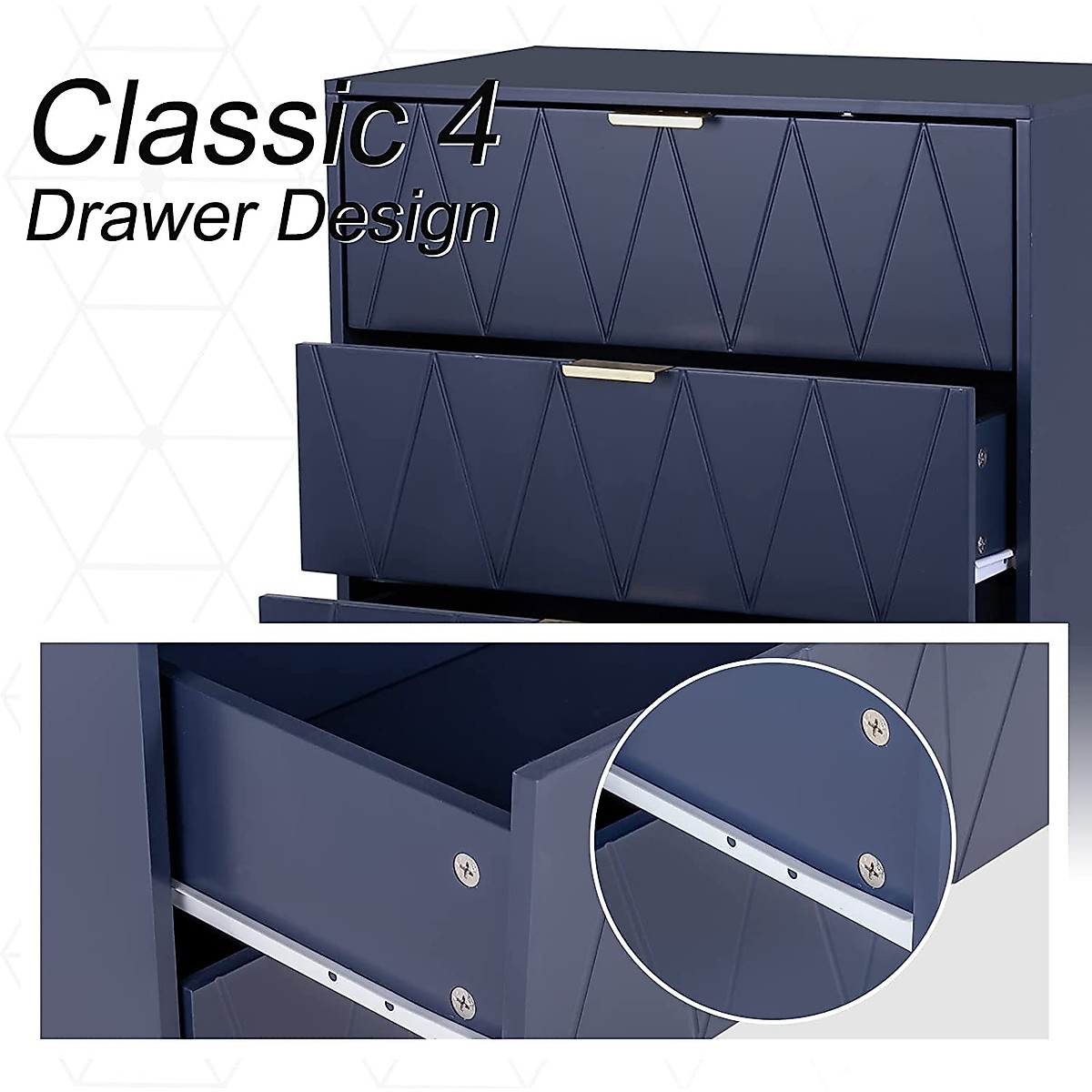 UEV Navy Blue 4 Drawer Dresser for Bedroom, Tall Bedroom Dresser with Large Drawer & Golden Handles, Wooden Modern Storage Cabinet Chest of Drawer for Bedroom,Closet,Hallway (Navy Blue)