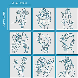 ORIGACH 9PCS 11.8x11.8inch Modern Minimalist Abstract Women Stencil, Floral Female Face Pattern PET Large Stencils Reusable Template for Painting on Wood Wall Canvas