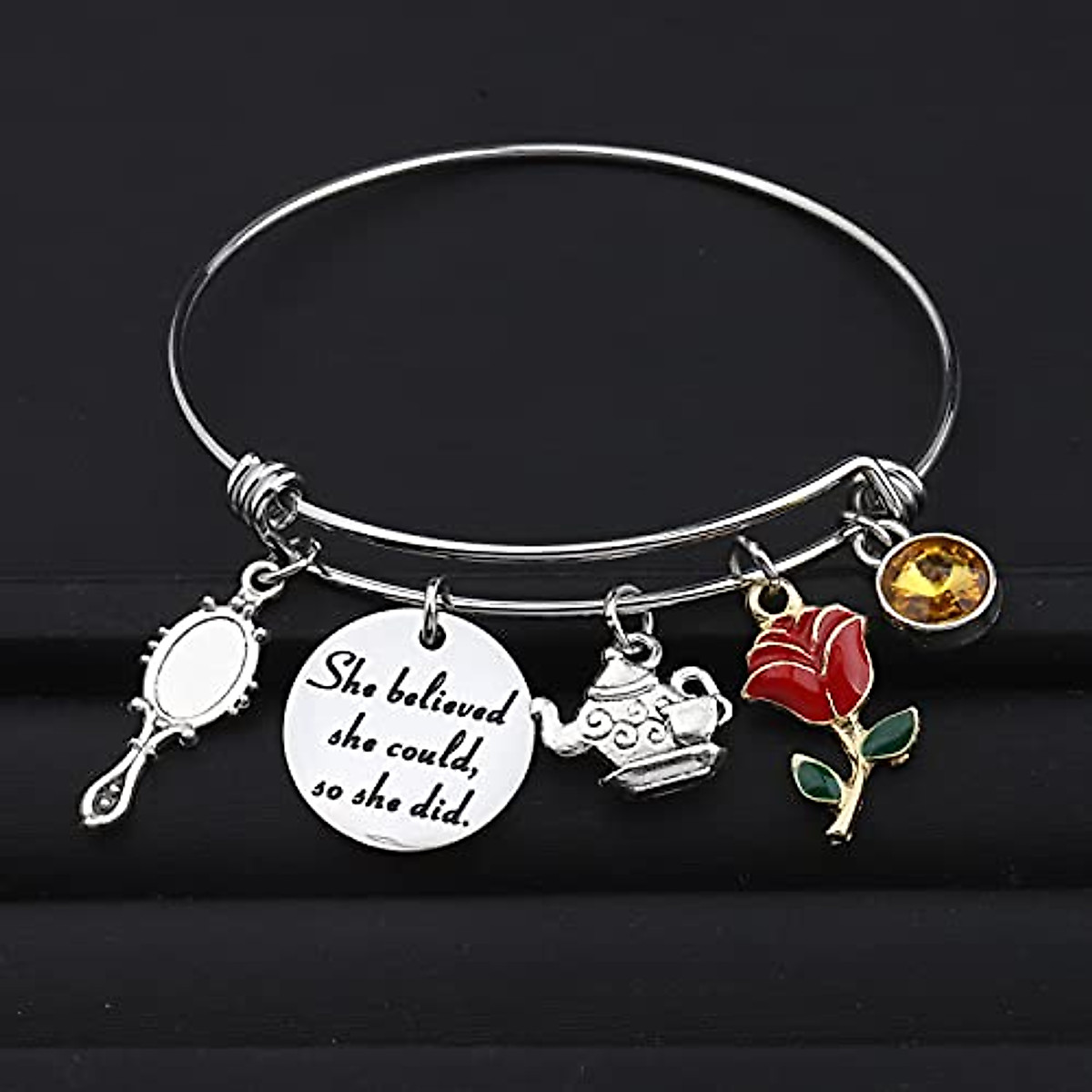 FAADBUK Movie Inspired Bracelet She Believed She Could So She Did Belle Princess Jewelry Inspiration Gift for Her (Beauty and The Beast Bracelet)