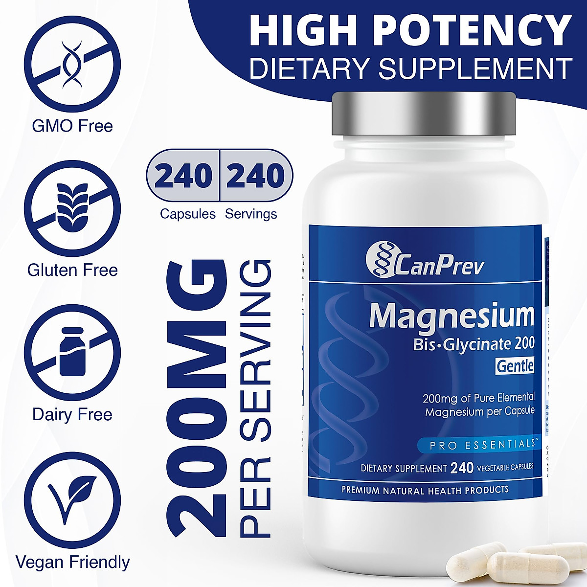 CanPrev Magnesium Bisglycinate (240 Count (Pack of 1), 200mg - Gentle)