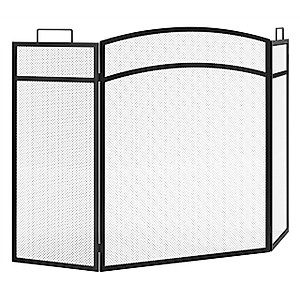 Calidola 3 Panel Fireplace Screen 48" W x 29" H Modern Foldable with Wrought Metal Decorative Mesh,Arch Heavy Duty Fire Spark Guard Cover for Home Decor Indoor, Black