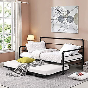 Merax Daybed with Pop Up Trundle, Twin Metal Sofa Bed with Adjustable Trundle Steel Daybed for Bedroom Guest Room,Black