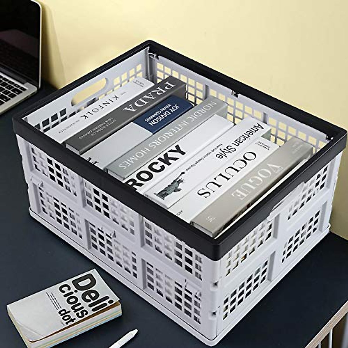 Xowine 30 L Plastic Collapsible Storage Crate, 3-Pack Stacking Folding Storage Crates, Gray, F