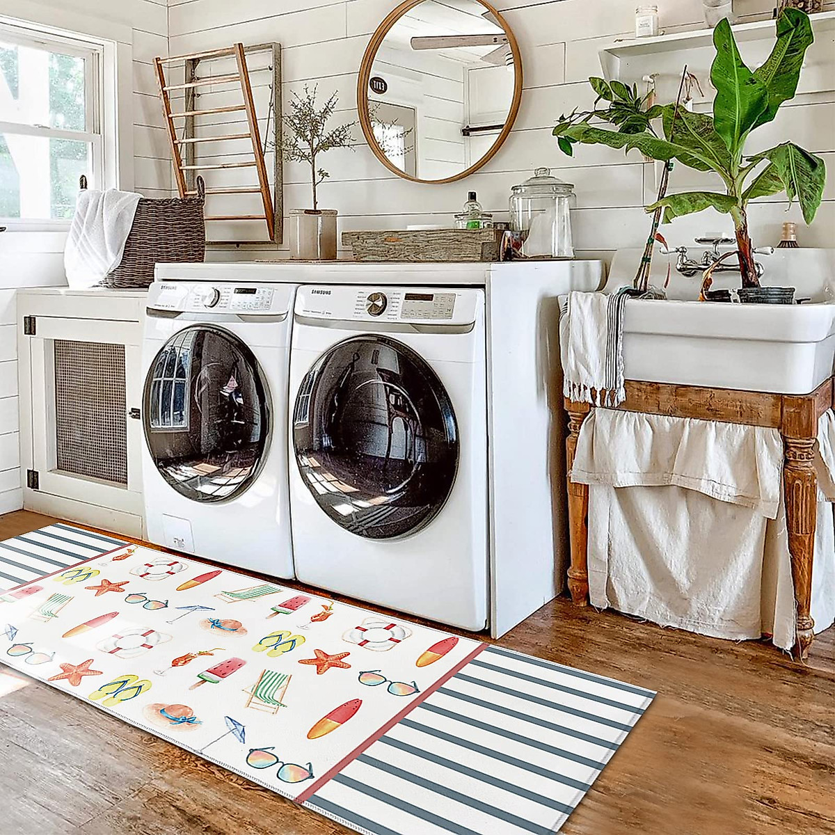 IDOWMAT Kitchen Rug Sets of 2 - Absorbent Non-Slip Kitchen Mats Navy Blue Stripes Beach Swim Ring Ice Cream Sunglasses Floor Comfort Mats Doormat for Kitchen Office Laundry 15.7x23.6in + 15.7x47.2in