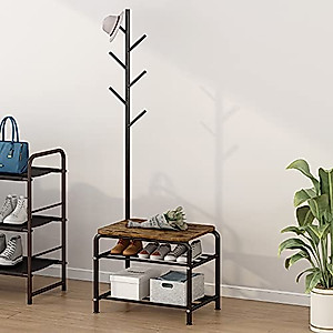 YIZAIJIA Coat Rack Shoe Bench 3 in 1 Multifunctional Industrial Style Coat Tree for Entryway Living Room Bedroom, Black
