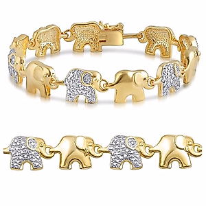 Beyond Brilliance Tennis Bracelets for Women | Cute Elephant Yellow Gold Plated Round Cut Natural Diamond Link Tennis Bracelet | Jewelry for Teen Girls | Gift Box Included