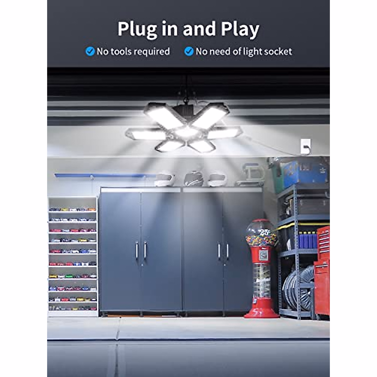 LED Garage Light, 185W 18500LM Plug in LED Shop Light, Linkable Garage Light with Plug Deformable 6 Panels, 6500K LED Garage Ceiling Lights for Garage, Warehouse, Barn, Basement Built-in ON/Off