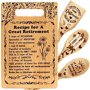 Retirement Gifts for Women Happy Retirement Cutting Boards Gift with Utensil Set Gifts Leaving Gifts for Female Coworker Teachers Nurses Boss Mom Grandma Friends Retirees Kitchen Cutting Boards C006