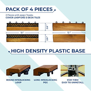 CLOVERHOLM 4Pcs Loop Ends Side Trim, 12 Inch Length Interlocking Deck Tile Edges, Outdoor Patio Flooring, Wooden Balcony Floor, Sturdy and Enduring Acacia Wood, Natural