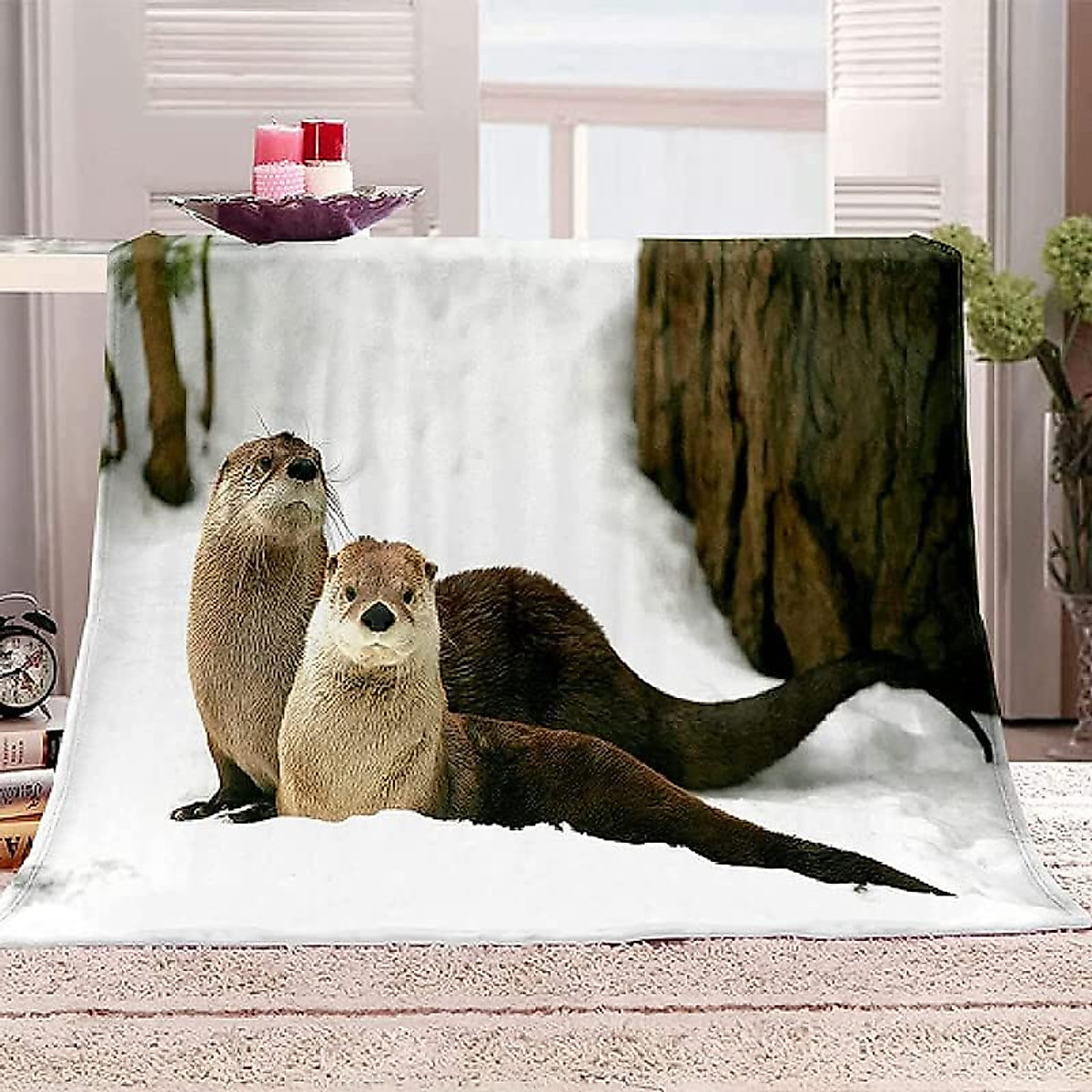Boceoey Throw Blanket for Couch Soft Blanket Warm Lightweight, Fleece Blanket Queen Size for Bedspread, Fluffy Cozy Blankets for Bed Sofa Travel Camping 108x90 Inches Sea Otter