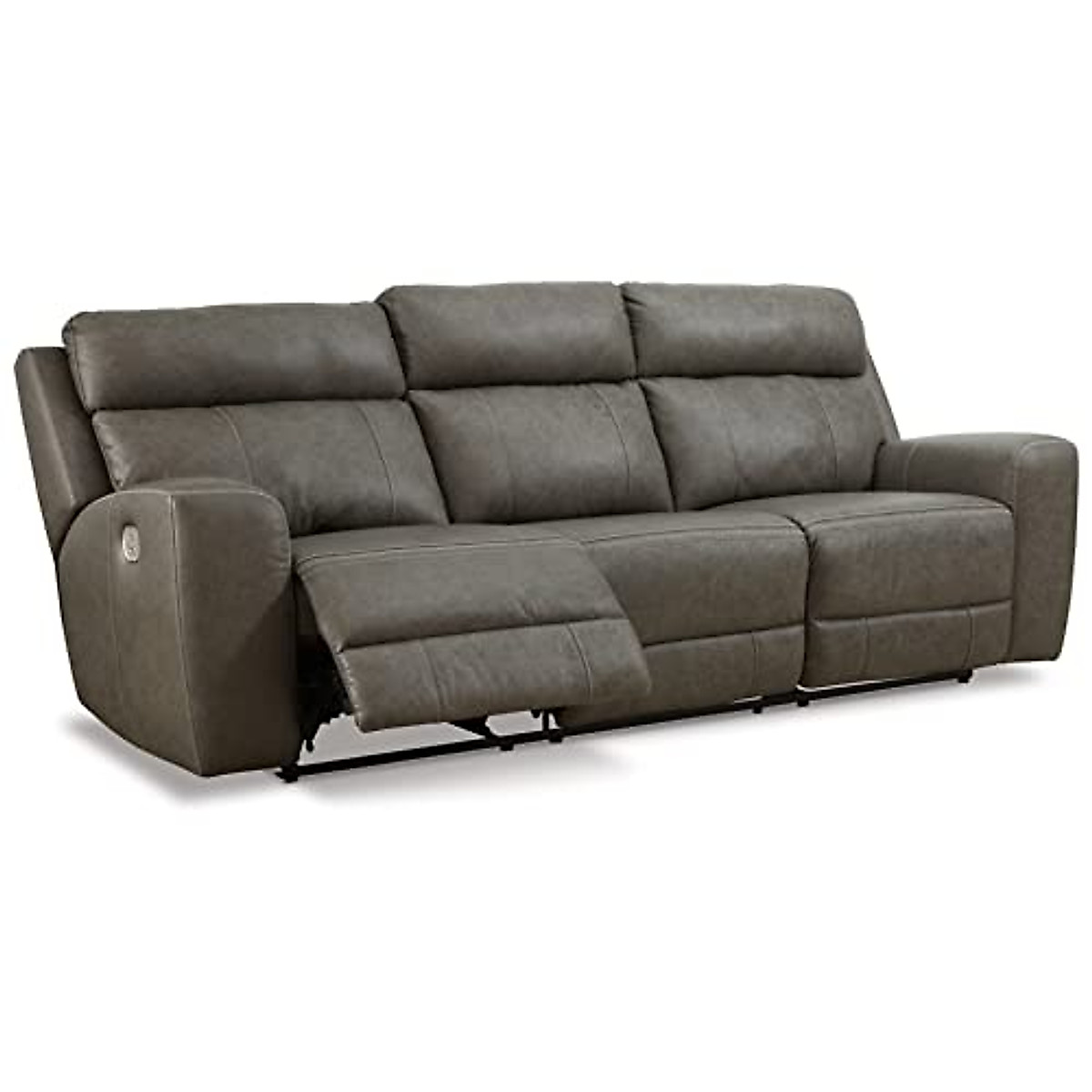 Signature Design by Ashley Roman Contemporary Tufted Leather Power Reclining Sofa with Adjustable Headrest, Gray