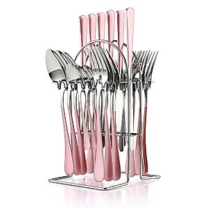 24 Pieces Flatware Set, Stainless Steel Cutlery Set with Silverware Holder, Spoons Forks Knives Set,Hanging Silverware Set Service for 6,Durable Stainless Steel Utensils Set (White)