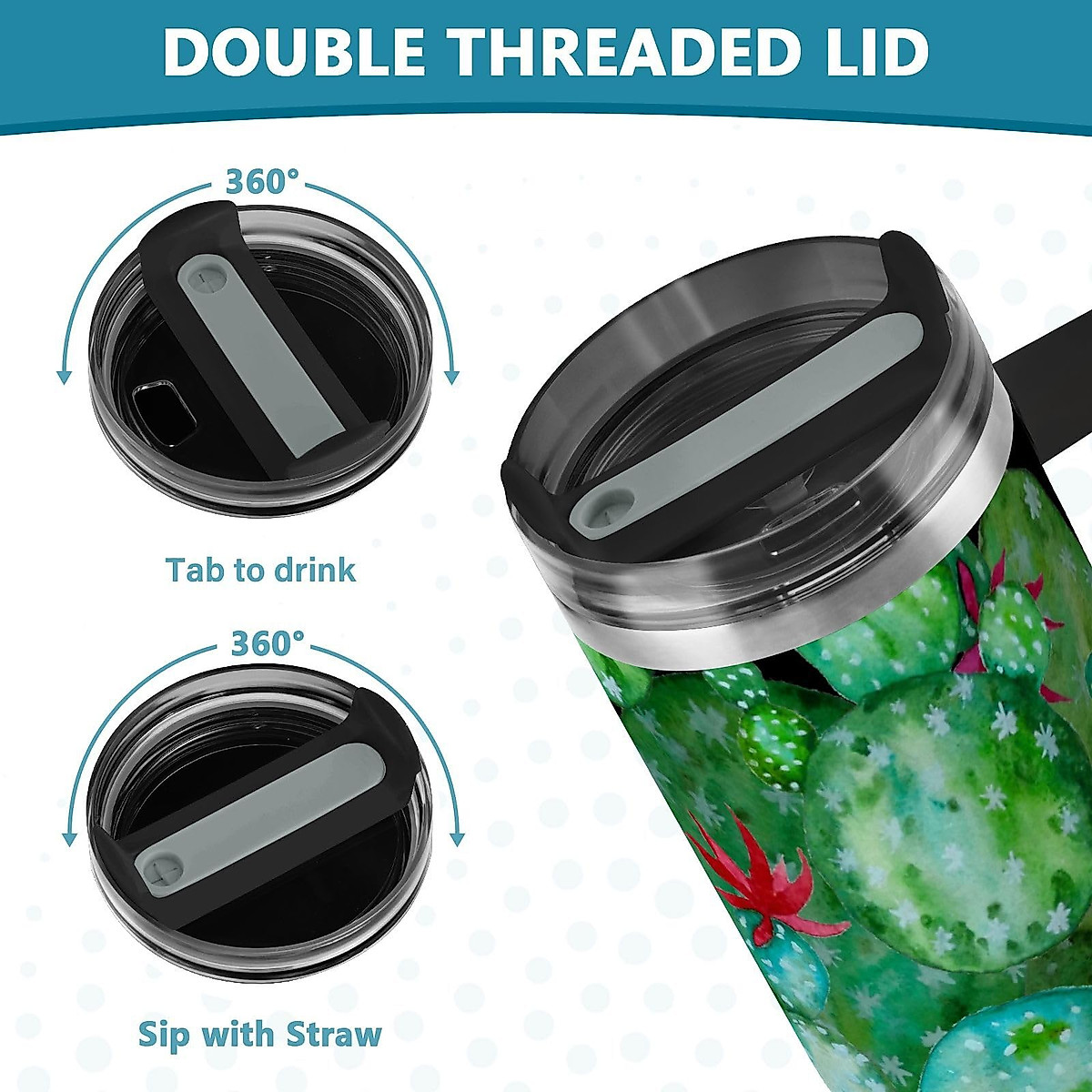 Yasala Car Tumbler with Handle Green Cactus Watercolor Travel Mug Coffee Cup Insulated Beverage Container Mega Cup for Hot Cold Drinking Thermos Water Bottle Cupholder Friendly 40 oz