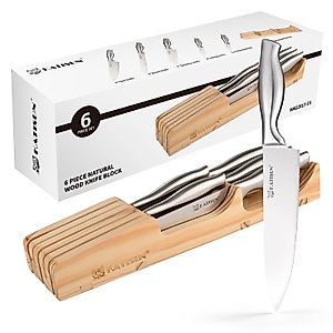 KATISUN Kitchen Knife Set, 6 Pieces Knife Block Sets with Pine Knives Drawer Organizer, Perfect for Home and Chefs, Premium Knife Holder, Gift for Holiday and Housewarming