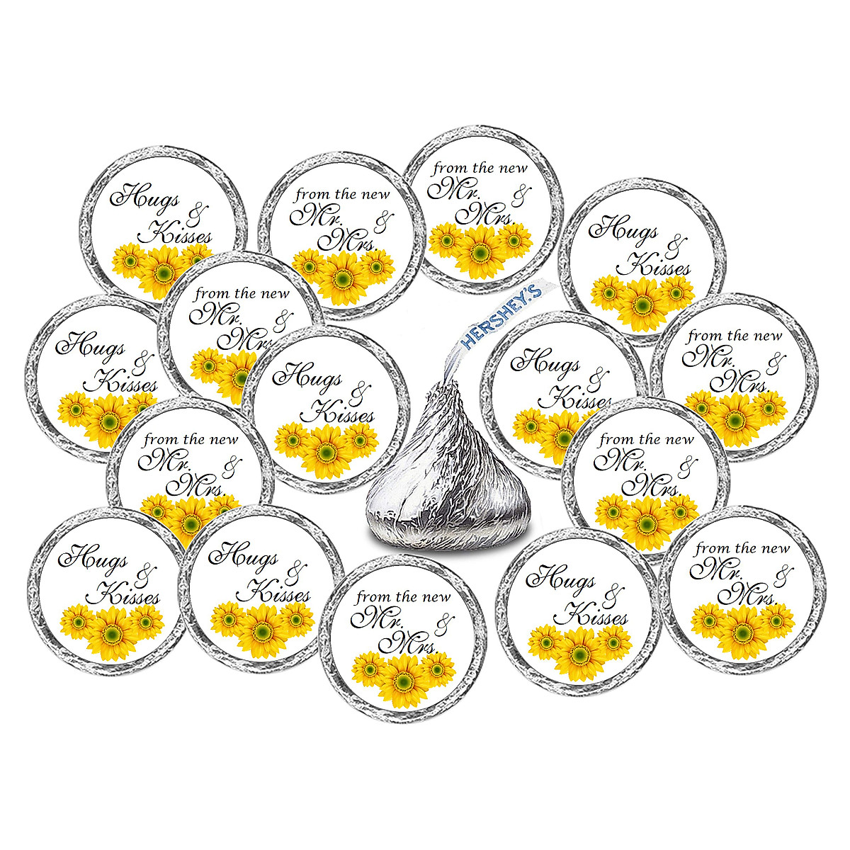 324 Sunflower Hugs and Kisses from The New Mr. & Mrs. Kisses Wedding Stickers, Floral Chocolate Drops Labels Stickers for Weddings, Bridal Shower Engagement Party, Party Favors for Kisses