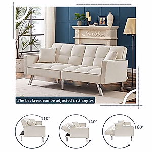 Convertible Velvet Futon Sofa Bed, Modern Sleeper Sofa with 2 Pillows, 3 Adjustable Angles for Backrest, Living Room Couch with 5 Sturdy Metal Legs, Upholstered Loveseat for Home, Office, White