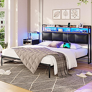 MSmask Upholstered King Headboard with Charging Station and LED Light, Black PU Tufted King Size Headboard Only with 2 Tiers Storage Shelves, Height Adjustable Bed Headboard, Rustic Brown