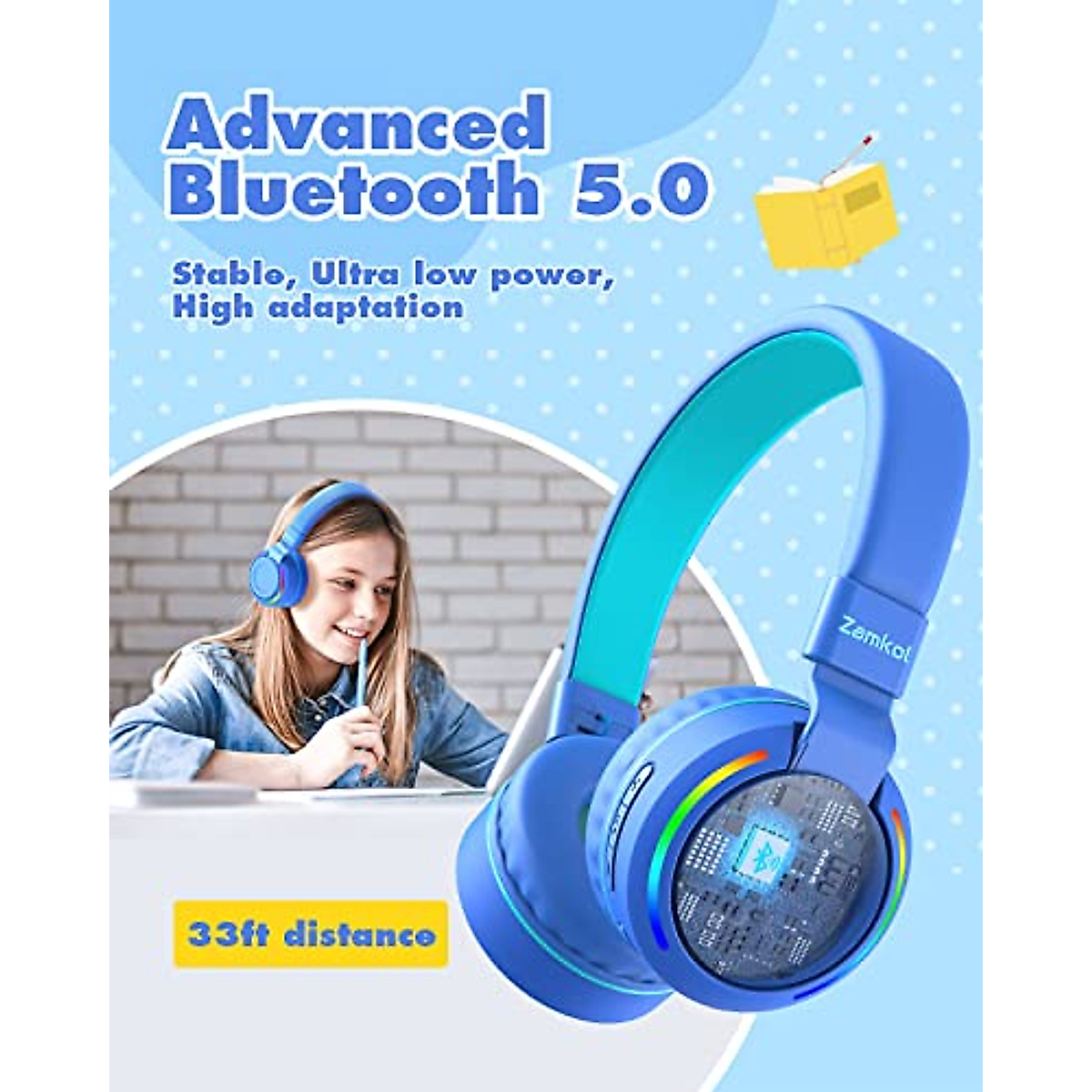 ZAMKOL Kids Bluetooth Headphones, Kids Wireless Headphones with MIC, 50H Play Time, Colorful LED Lights, 85/94db Volume Limited, Bluetooth 5.0, Foldable, Over Ear Headphones for School Travel iPad