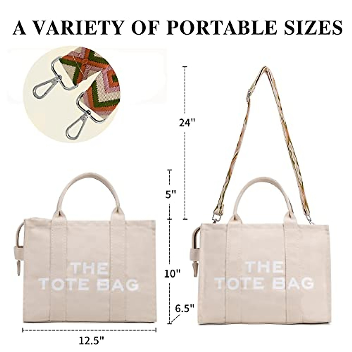 The Tote Bags for Women Travel Handbag Canvas Shoulder Bag with Zipper Crossbody Purse for Office, Travel, School (White)