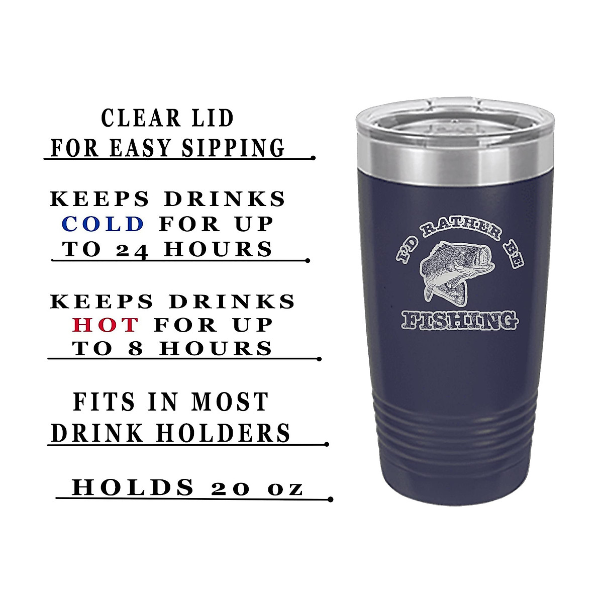 Rogue River Tactical Funny Fishing 20 Oz. Travel Tumbler Mug Cup w/Lid Vacuum Insulated Hot or Cold I'd Rather Be Fishing Bass Fishing Gift Fish (Blue)
