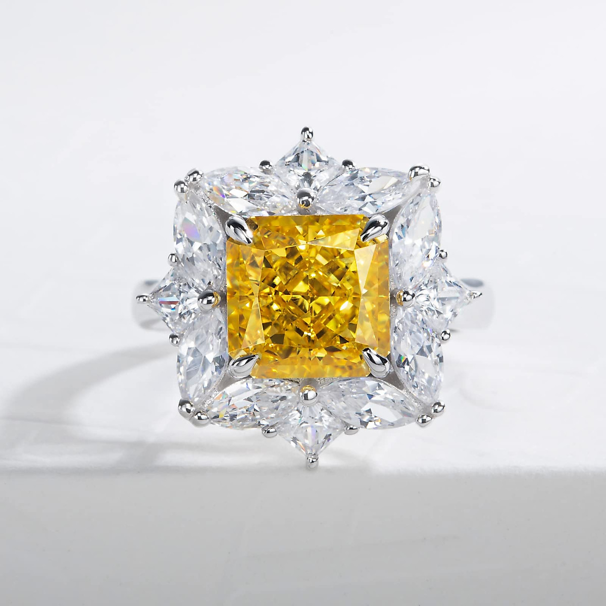 Gobaalele Radiant Cut Engagement Ring, 7.5ct 5A Cubic Zirconia Yellow Stone Citrine White Gold Plated S925 Sterling Silver CZ Promise Statement Anniversary Halo Ring Christmas gift for Women Size5.0