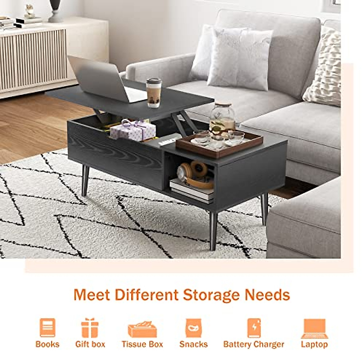 Sweetcrispy Coffee Table, Lift Top Coffee Tables for Living Room,Rising Tabletop Wood Dining Center Tables with Storage Shelf and Hidden Compartment (Black)