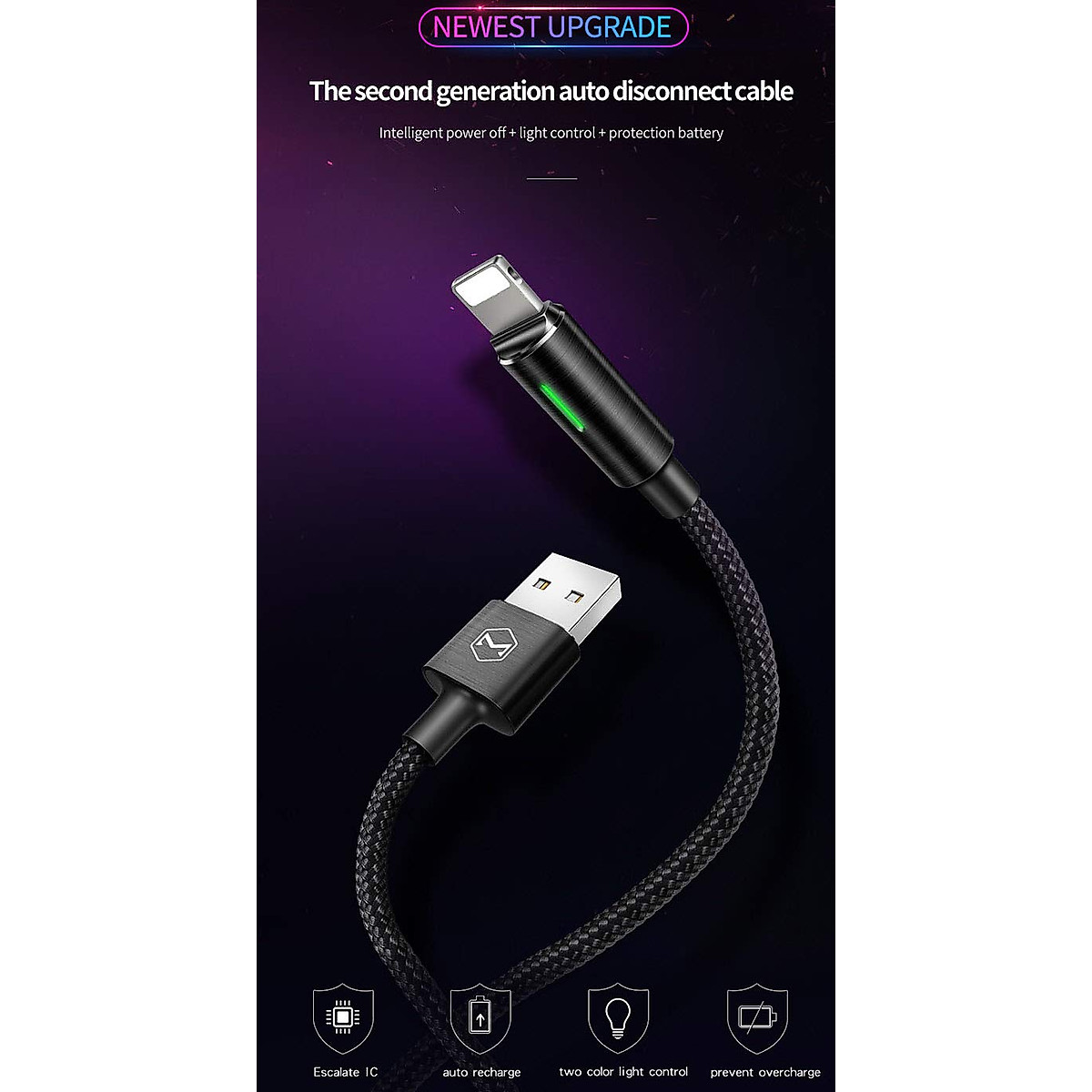 Power Off/On Smart LED Auto Disconnect and Auto Recharge Nylon Braided Sync Charge USB Data 6FT/1.8M Cable Compatible New Phone List Below (Black, 4FT/1.2M)