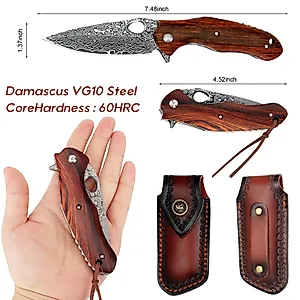Benkey Damascus Folding Knife, Sharp VG10 Core Damascus Steel Pocket Knives with Natural Wood Handle, Quality Leather Sheath, Ball Bearing, Liner Lock, Lightweight Pocket Knife for EDC Men Women