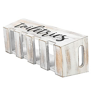 MyGift White Washed Solid Wood Toilet Tank Tray Bathroom Vanity Tray for Toiletries and Guest Towel Storage Organizer with Toiletries Cursive Writing Design