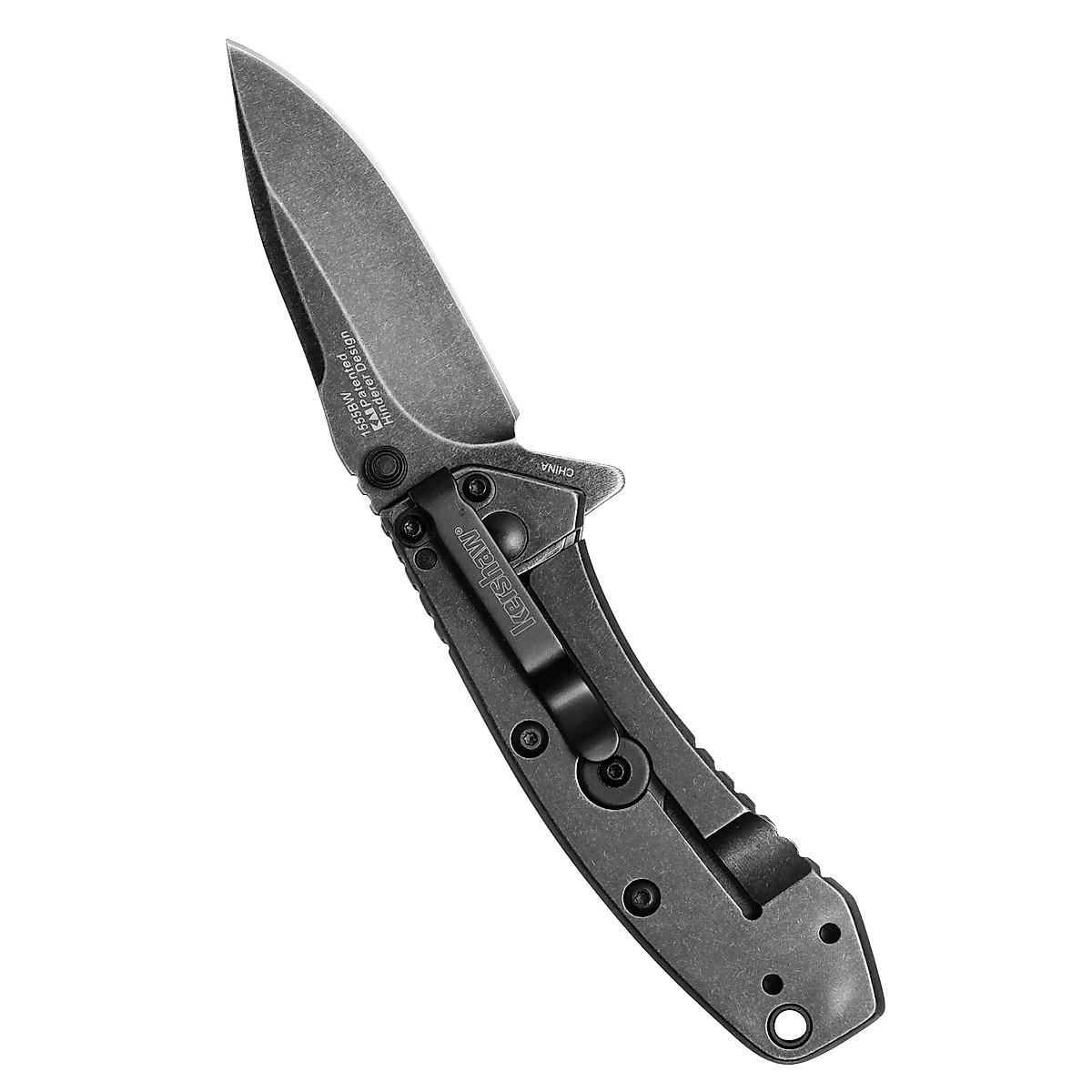 Kershaw Cryo Blackwash (1555BW); Rick Hinderer Design Drop Point Pocket Knife; SpeedSafe Assisted Opening with Flipper or Thumbstud; 4-Position Deep-Carry Pocketclip; Lanyard Hole; Frame Lock; 4.1 oz