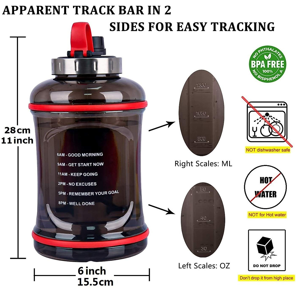 GEEKERBUY 0.9 Gallon Water Bottle Sports Water Jugs Robust 108oz Large Reusable Water Bottles Leak Proof Motivational Plastic Drinking Container for Sport Travel Camping Outdoor