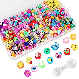 JOICEE 300PCS Fruit Smiley Handmade Polymer Clay Beads 15 Styles Flower Letter Beads Soft Beads for Women Girls Jewelry Making DIY Bracelet Necklace Earring Accessories with 4m Crystal Elastic String.