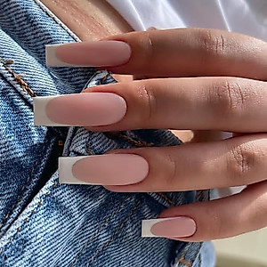 KQueenest Extra Long Press on Nails Solid Color Square Acrylic Fake Nails Full Cover Nude False Nails for Women and Girls Daily Wear 24PCS matte long